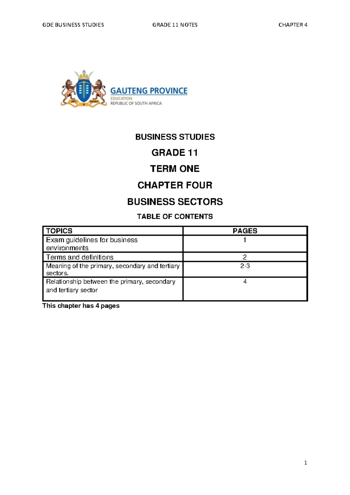 2020 Business Studies Grade 11 Notes Chapter FOUR - BUSINESS STUDIES ...