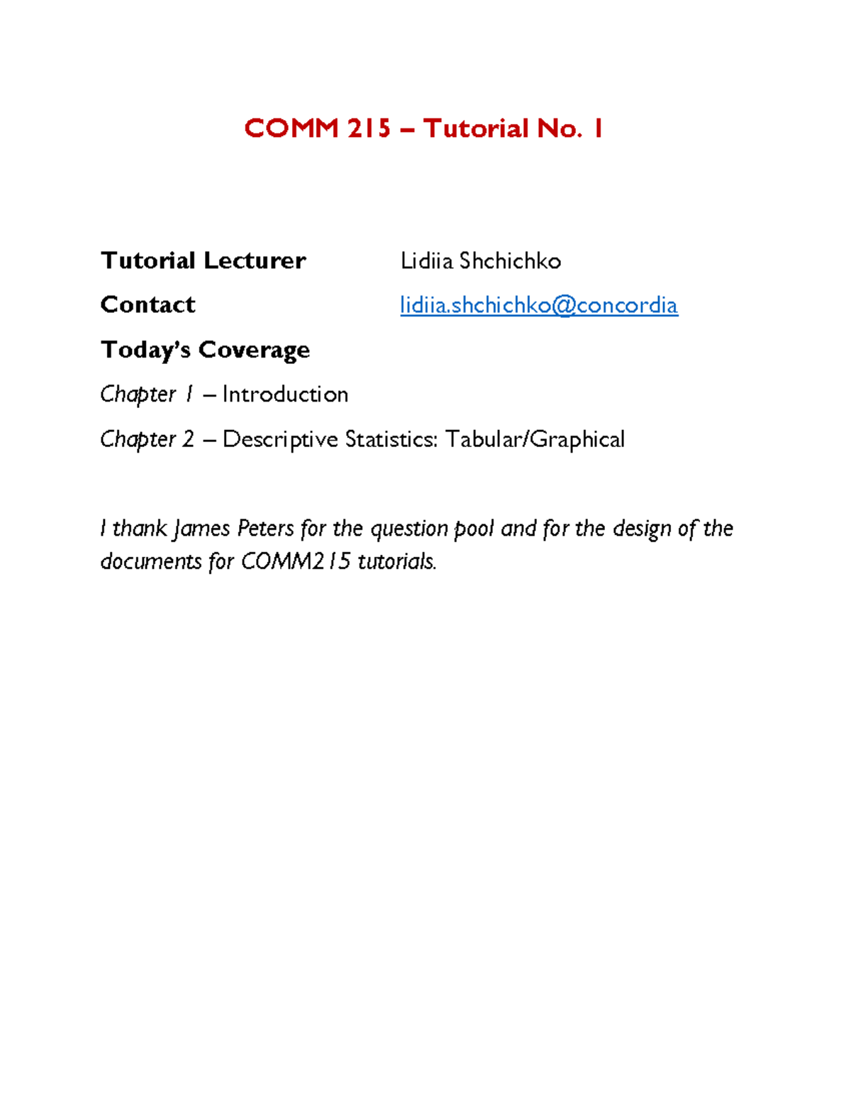 COMM215 Tutorial 1 - Qualitative & Quantitative Variables Questions - COMM 215 – Tutorial No. 1 ...