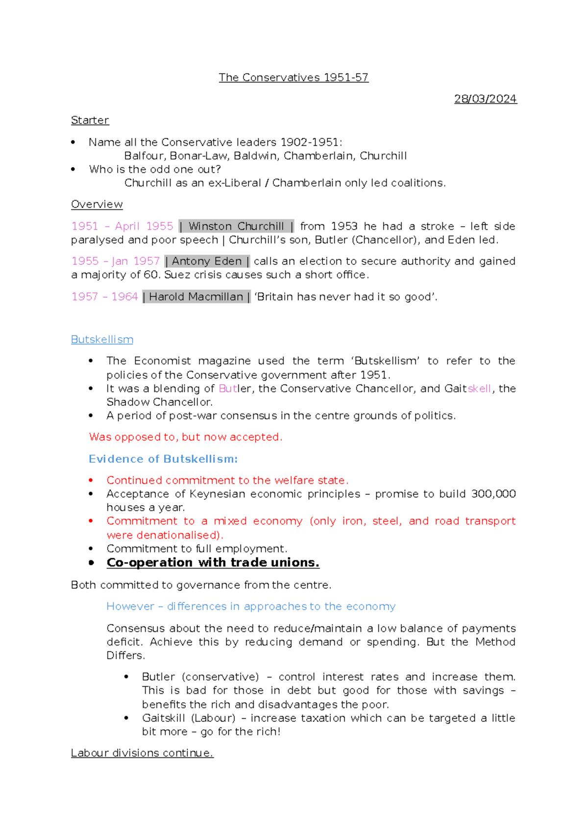 1950s conservative government - The Conservatives 1951- 28/03/ Starter ...