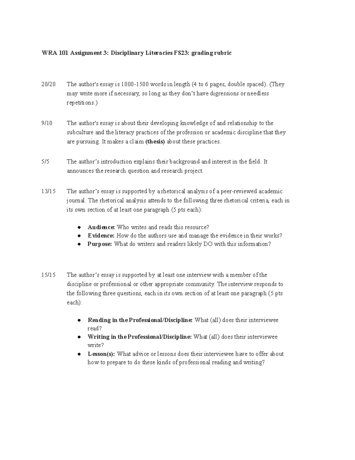 A3 Grading Rubric - WRA 101 Assignment 3: Disciplinary Literacies FS23 ...