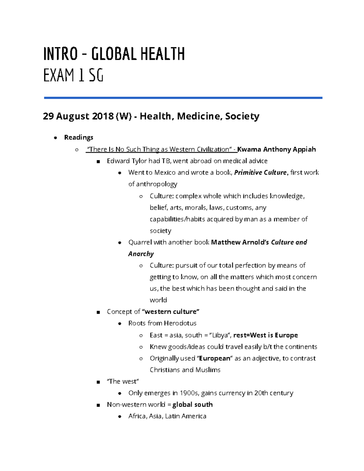 3283 SG Exam 1 - Lecture/Readings - INTRO - GLOBAL HEALTH EXAM 1 SG 29 ...