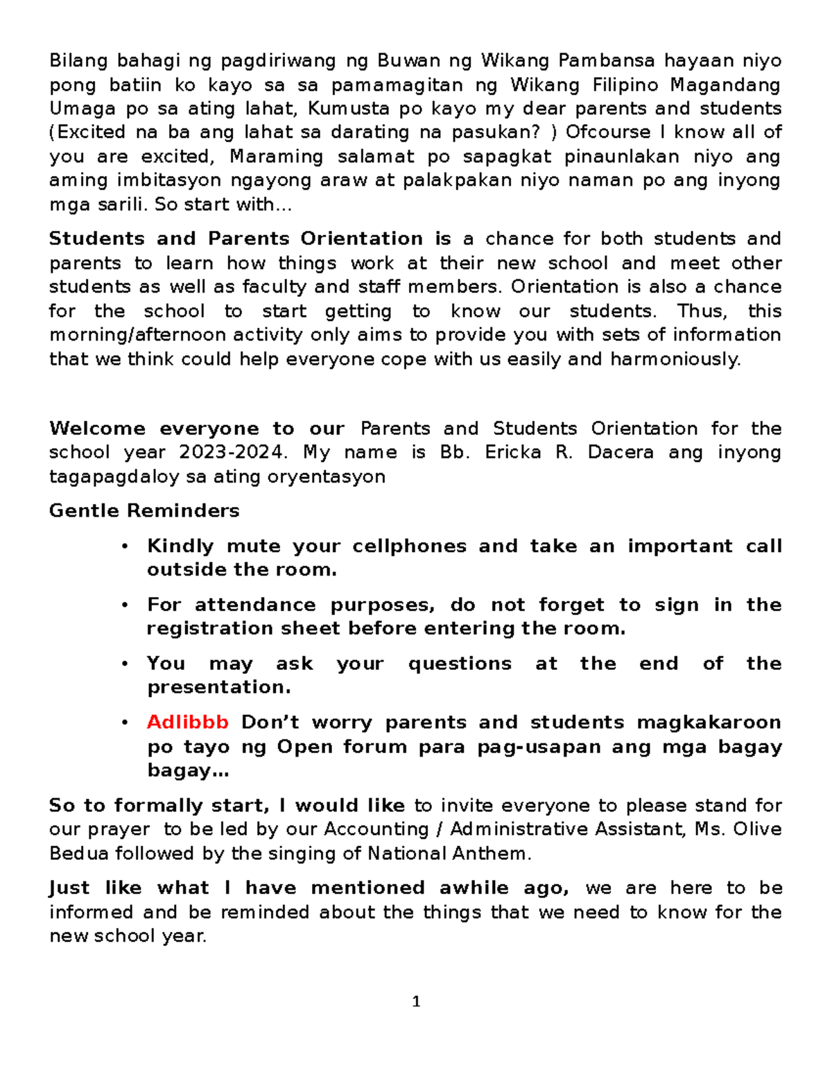 Script Orientation 2023-2024 - Bilang bahagi ng pagdiriwang ng Buwan ng ...