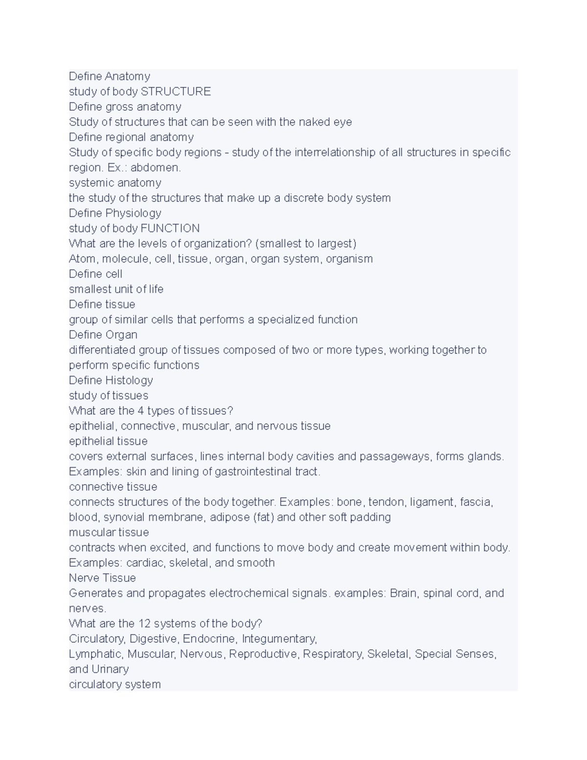 Biology ii - biol 1720 notes pt 2 - Define Anatomy study of body ...