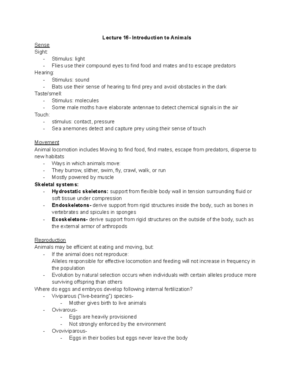Lecture 16 Introduction to Animals - Lecture 16- Introduction to ...