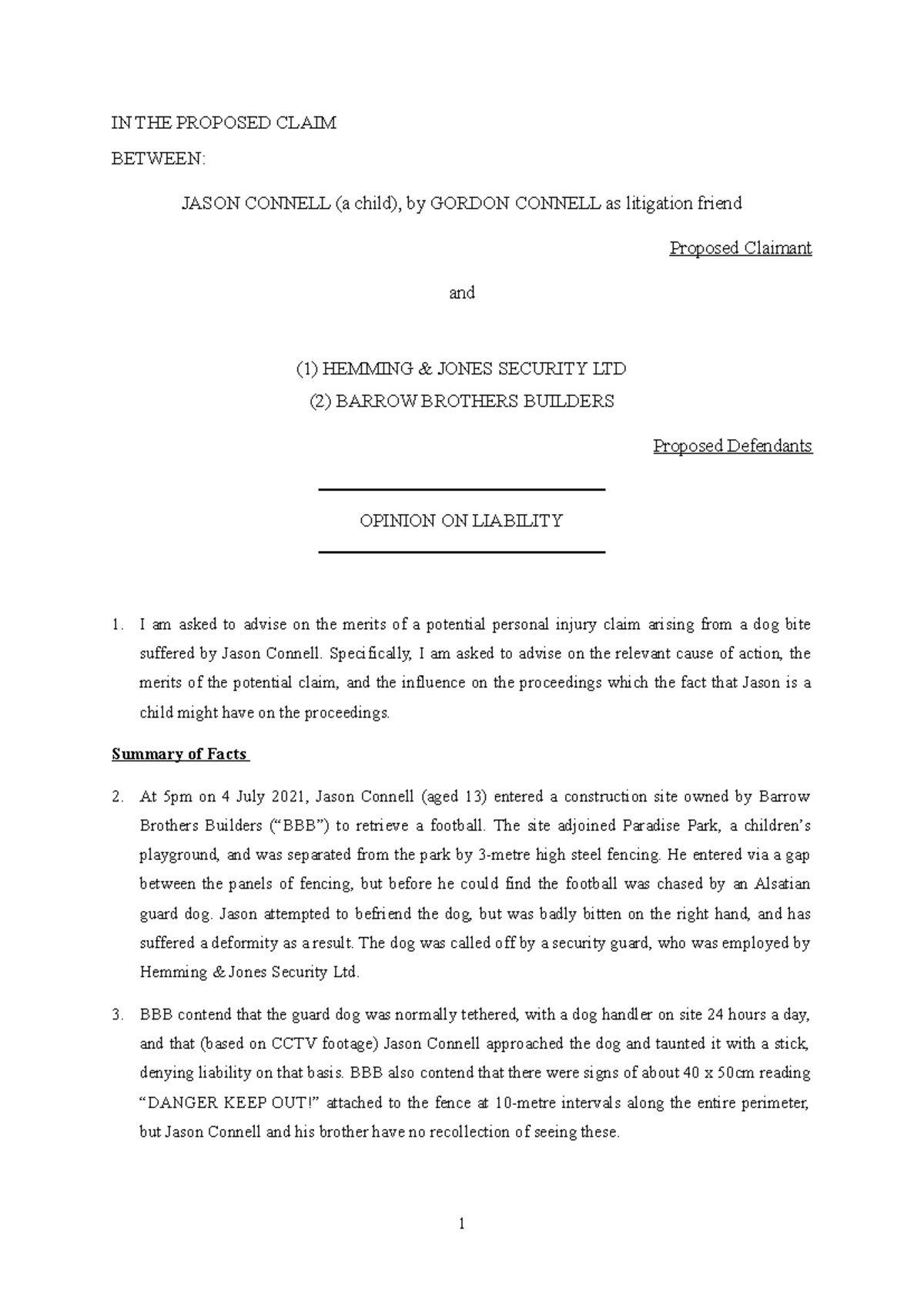 Connell Opinion - IN THE PROPOSED CLAIM BETWEEN: JASON CONNELL (a child ...