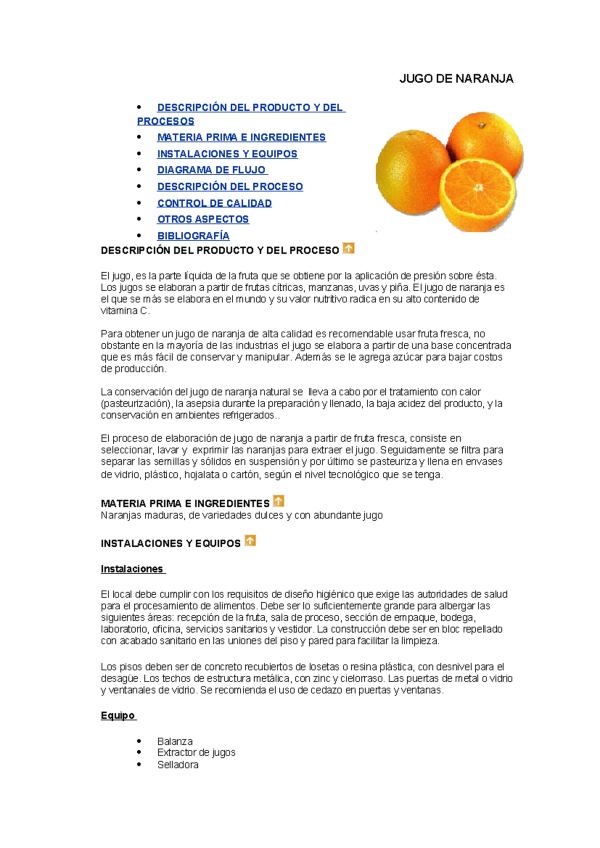 Proyecto JUGO DE Naranja - JUGO DE NARANJA DESCRIPCIÓN DEL PRODUCTO Y ...