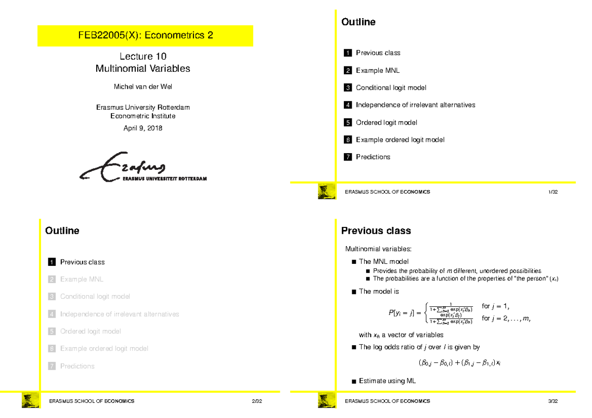 Ectrics 2 Lecture 10 Handouts - Outline FEB22005(X): Econometrics 2 Lecture 10 Multinomial ...