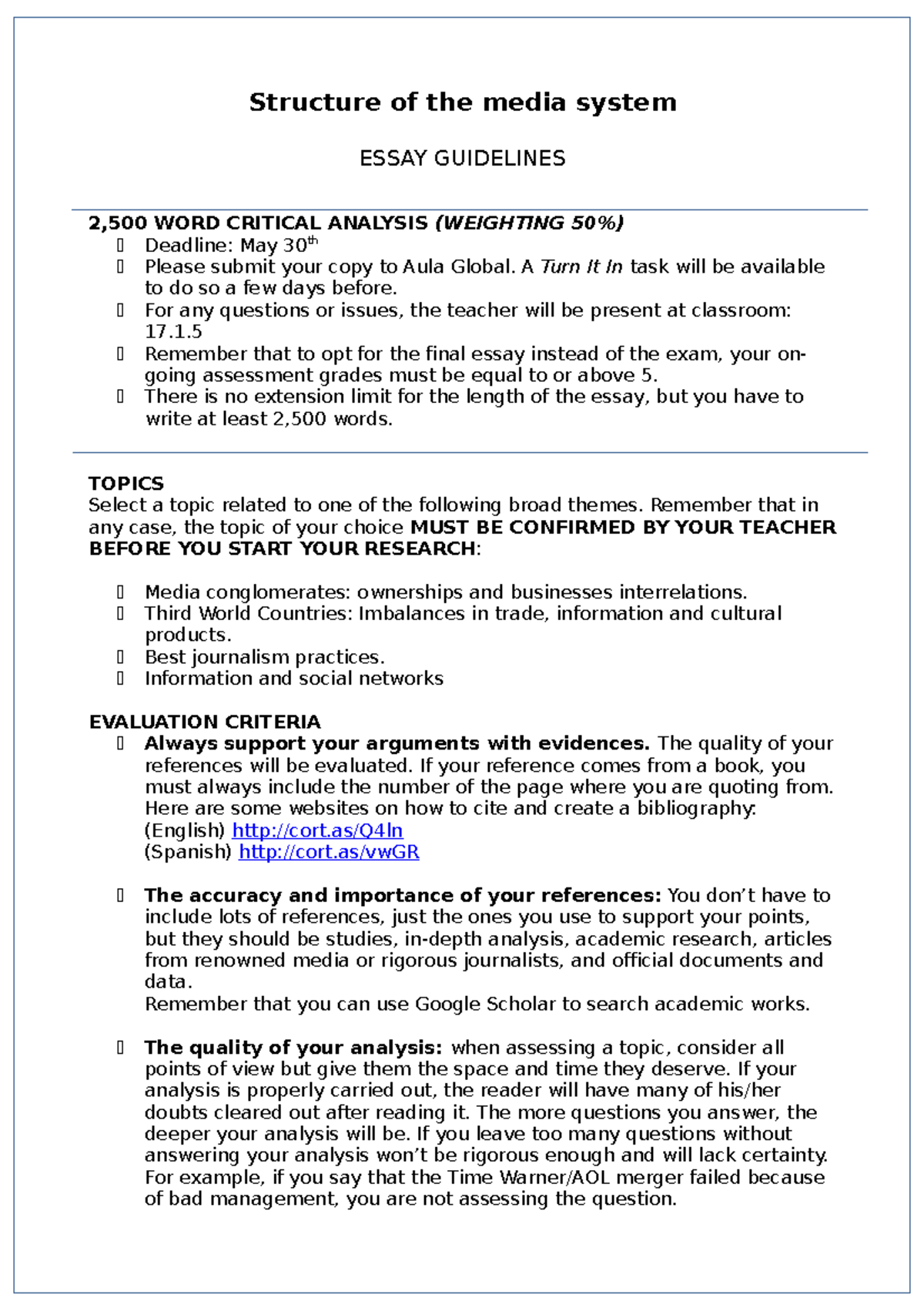 Essay - Guidelines - Structure of the media system ESSAY GUIDELINES ...