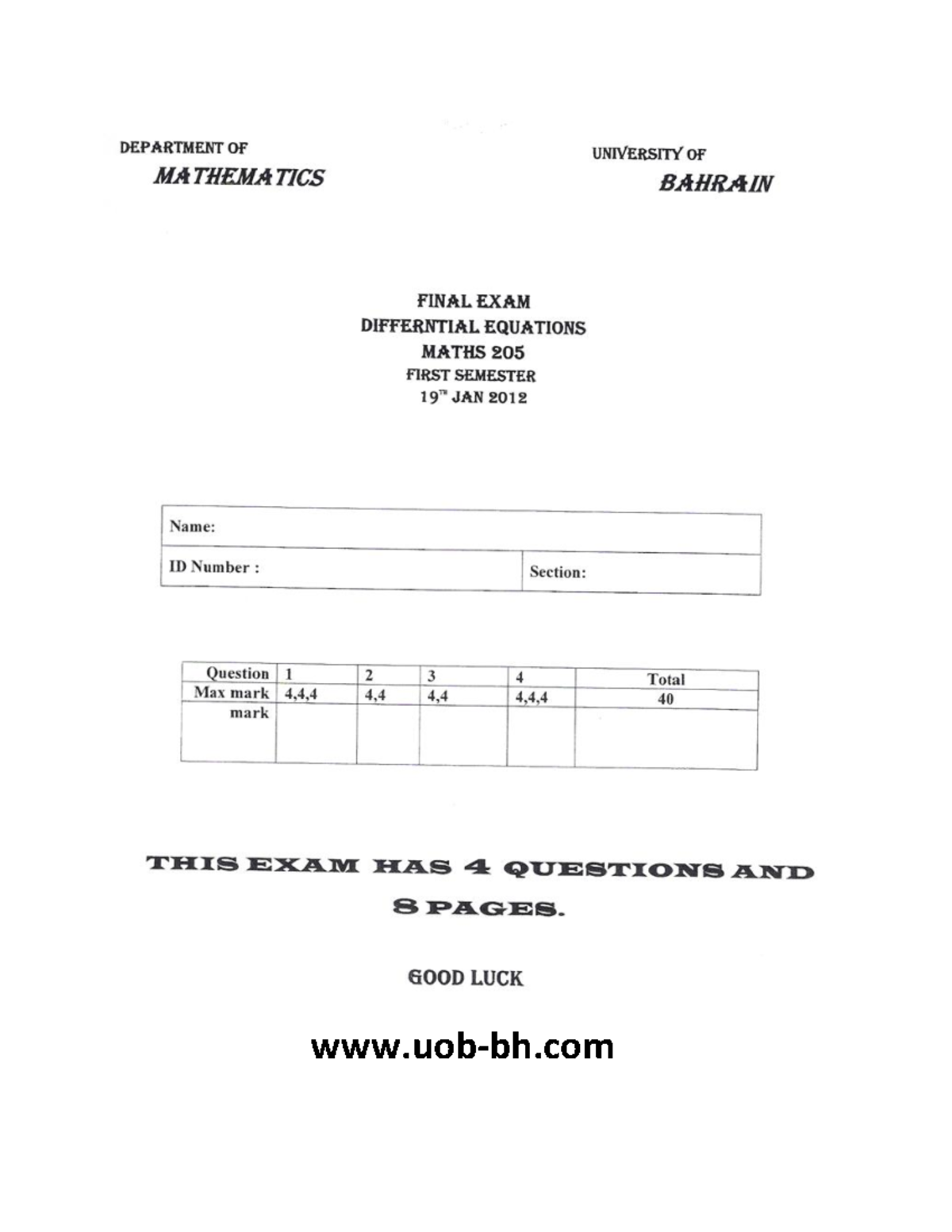 87401- Maths 205 - final - 2011-2012 - Mathematics - UOB - Studocu