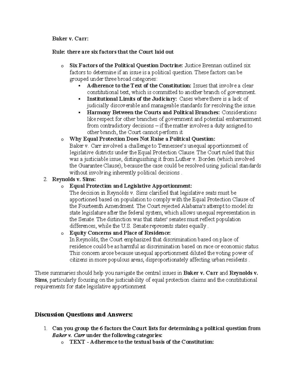 Baker case analysis - Baker v. Carr: Rule: there are six factors that ...
