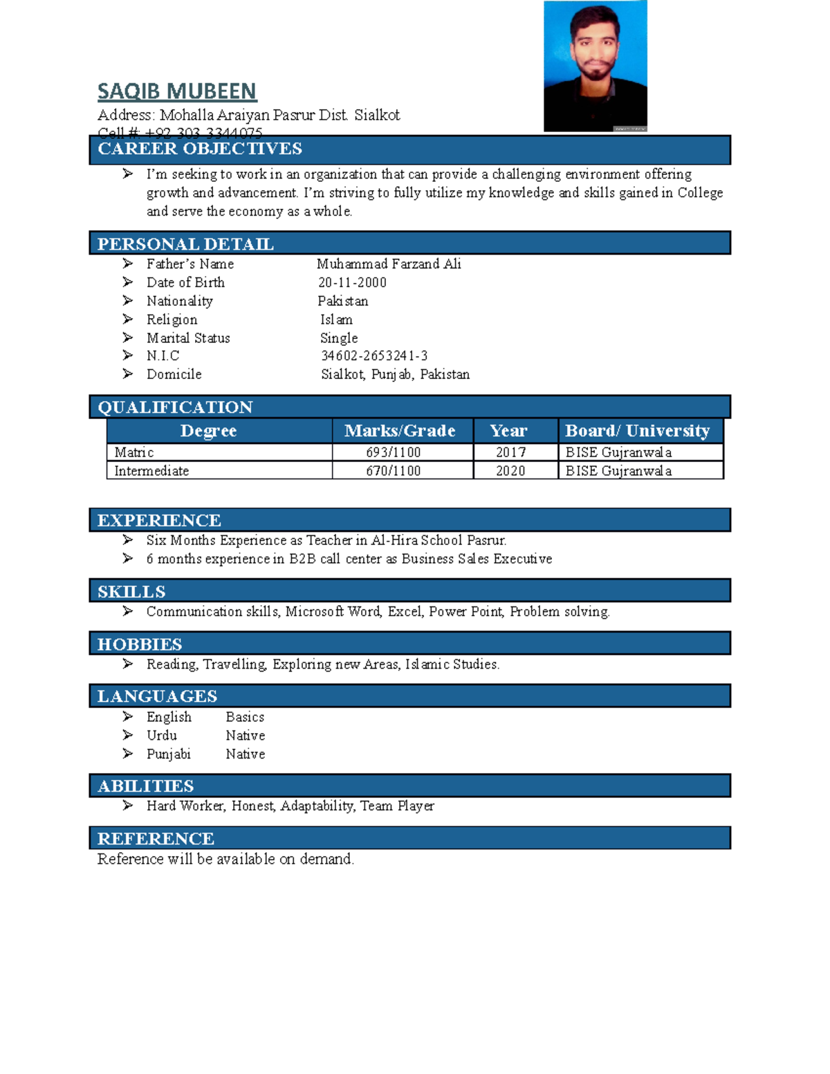 Saqib cv - hi,its just testing - CAREER OBJECTIVES I’m seeking to work ...
