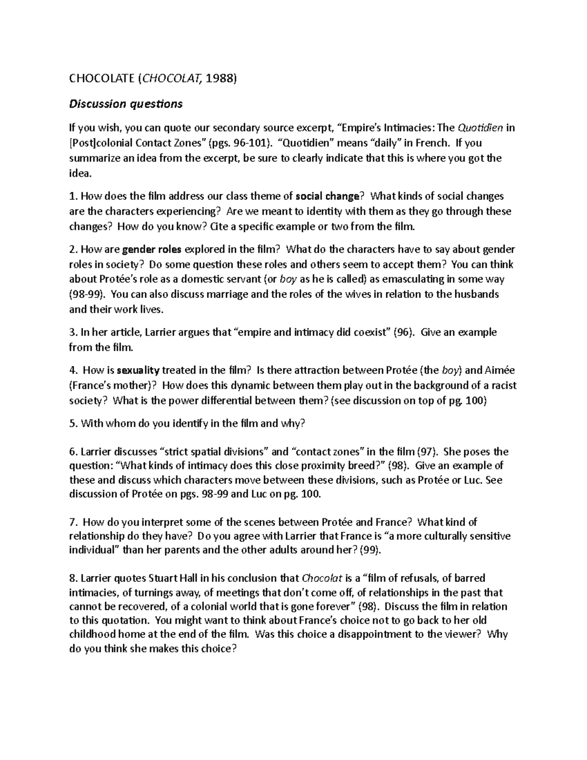 discussion questions - CHOCOLATE ( CHOCOLAT, 1988) Discussion questions ...