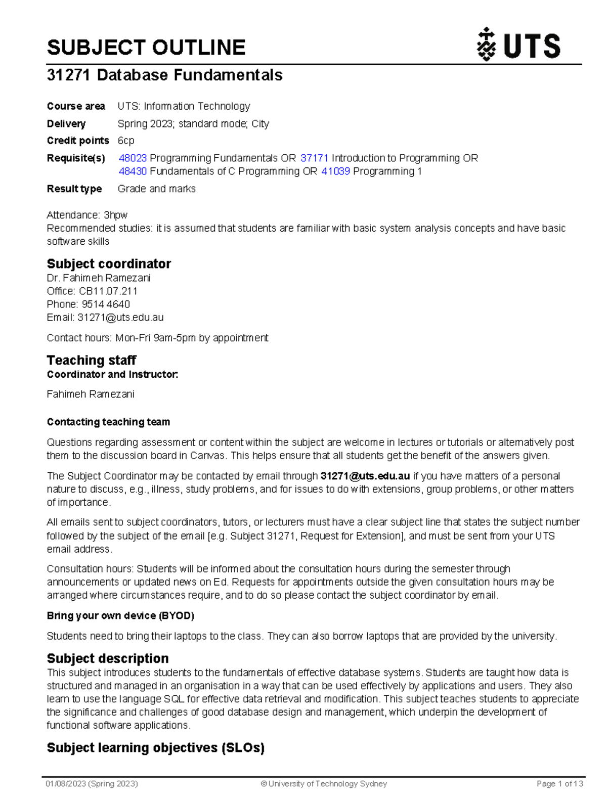 Subject Outline - SUBJECT OUTLINE 31271 Database Fundamentals ...