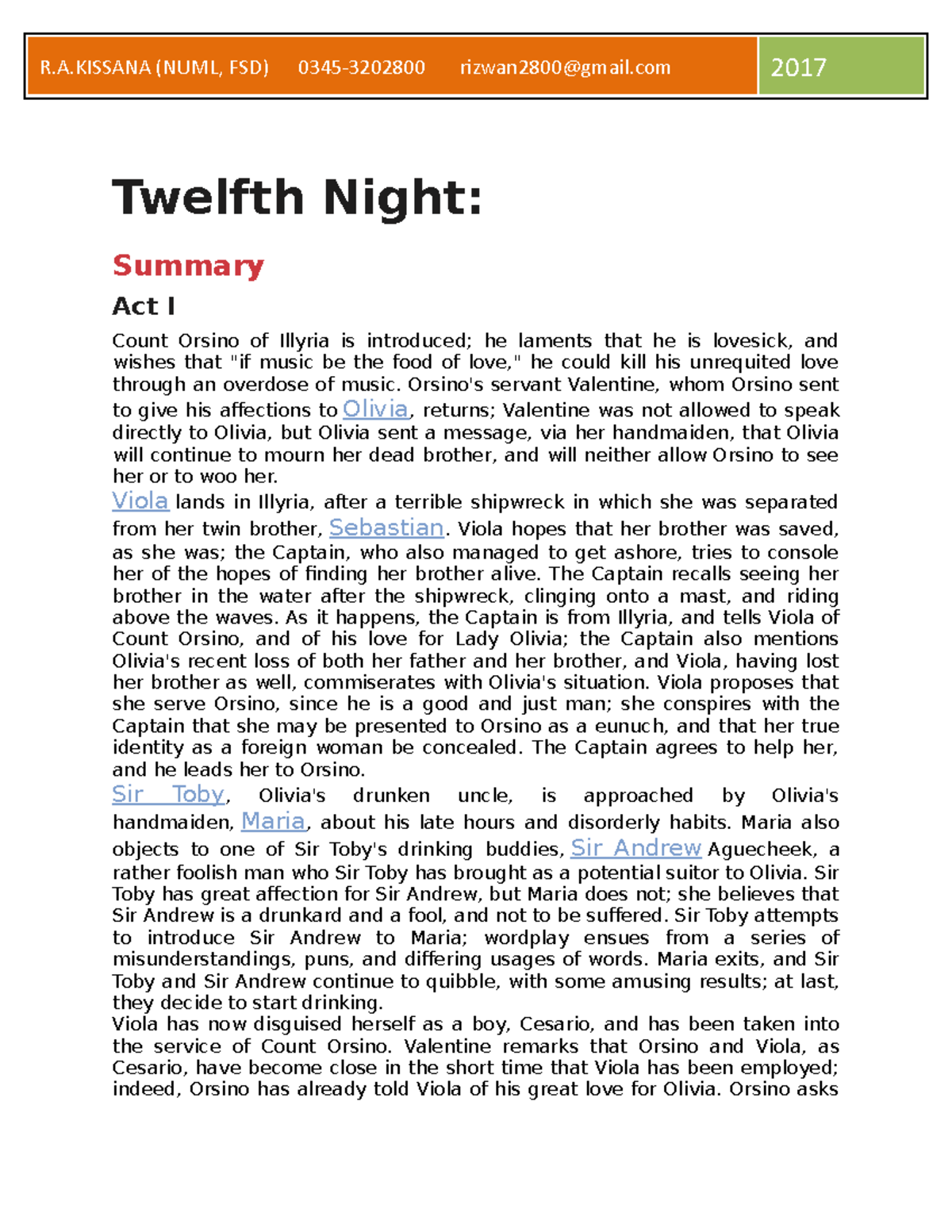Twelfth Night Summary - Lecture notes 1 - Literature - NUML - Studocu