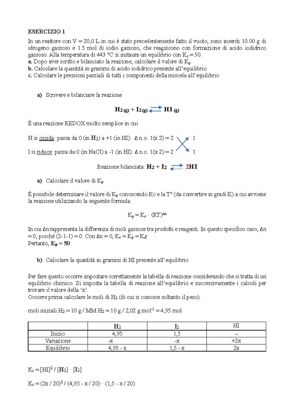 Tema d esame 13 + soluzione - ESERCIZIO 1 In un reattore con V = 20,0 L ...