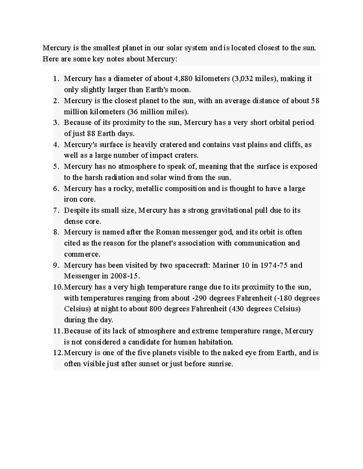 Notes on mercury - Mercury is the smallest planet in our solar system ...