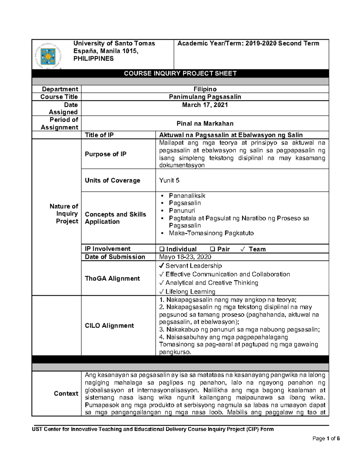 Fil 2 Finals Assessment Task for 2nd Half Intensive Course - - Studocu