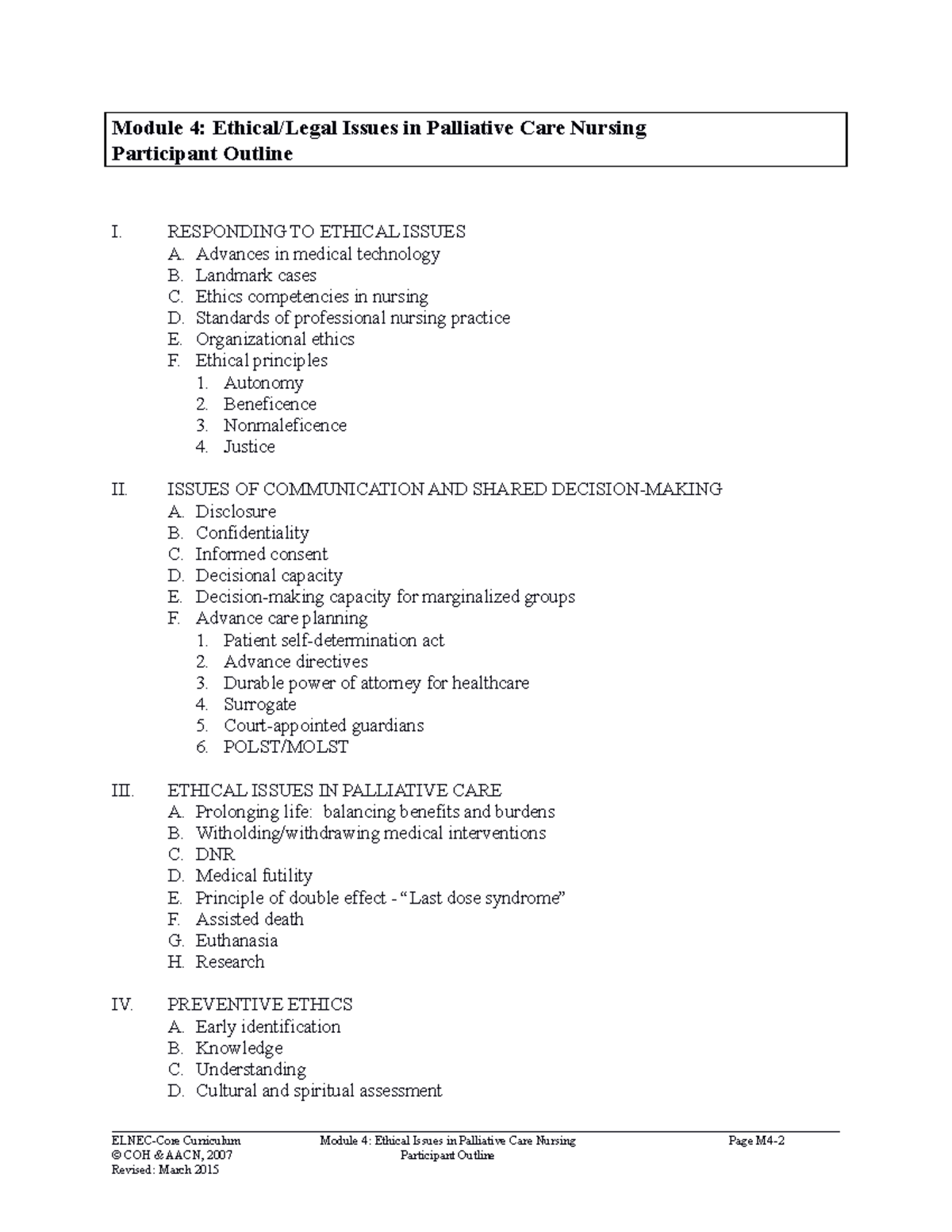 Mod 4 Participant Outline - Module 4: Ethical/Legal Issues in ...