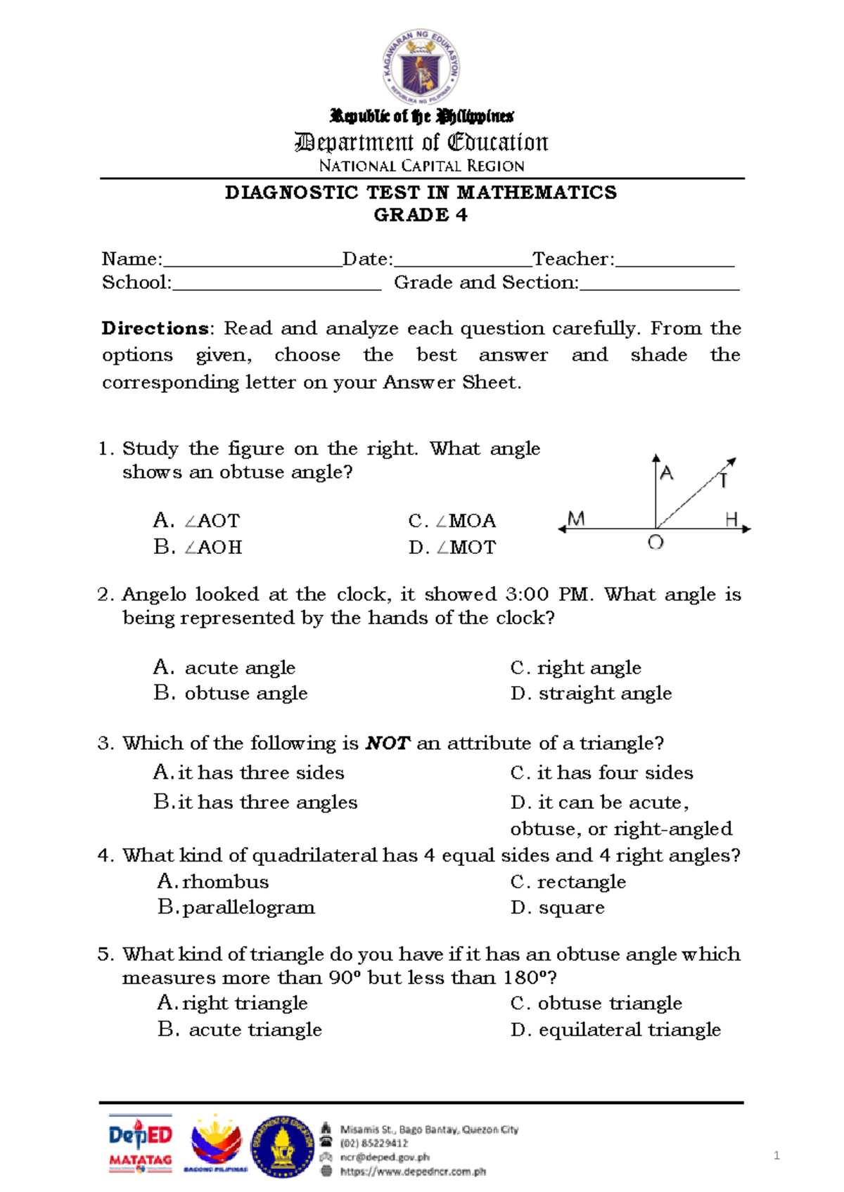 Diagnostic TEST IN Mathematics G4 RTP - Republic of the Philippines ...