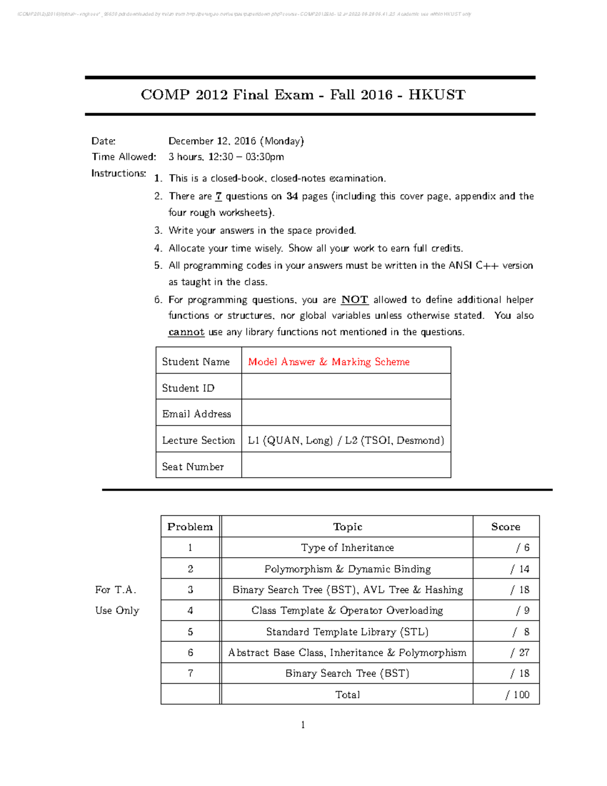 COMP2012 2016 F FN MS - past paper - COMP 2012 Final Exam - Fall 2016 ...