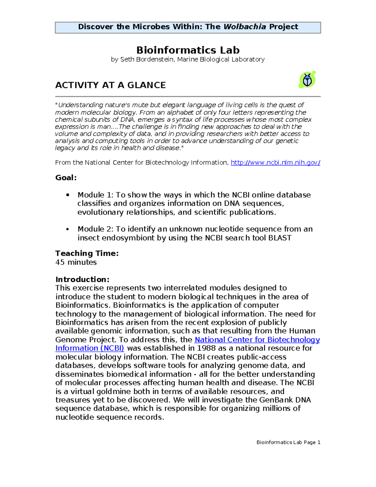 Bioinformatics Lab.v6 - Bioinformatics Lab by Seth Bordenstein, Marine ...