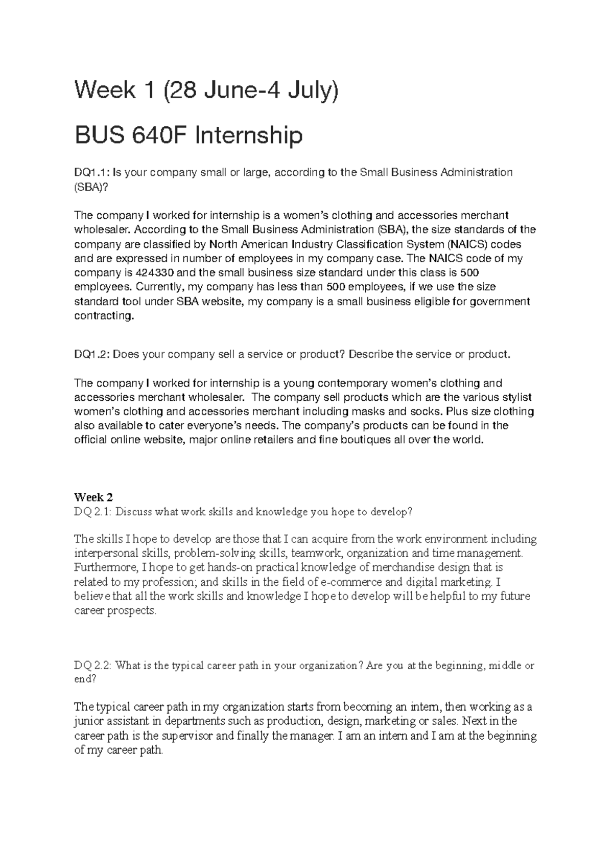 Internship - XXCCV. VOISJOSVJ. VVV - Week 1 (28 June-4 July) BUS 640F ...