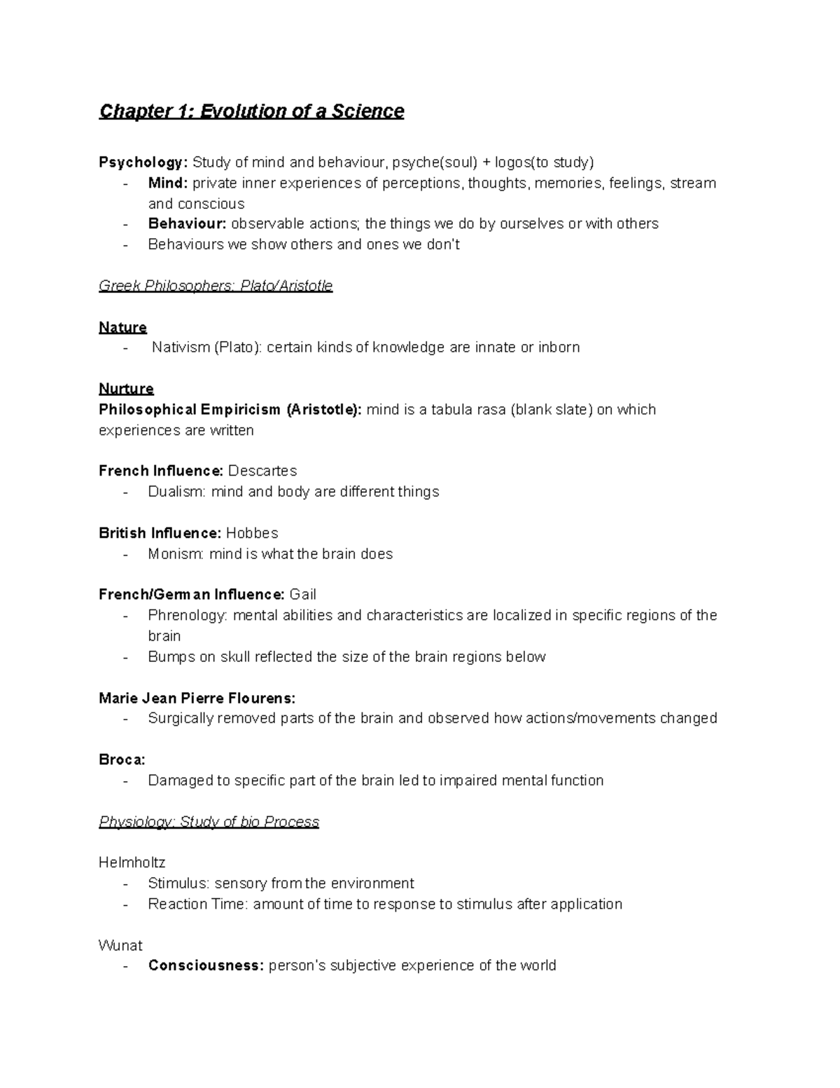 Psychology 111 Notes 1-2 - Chapter 1: Evolution of a Science Psychology ...