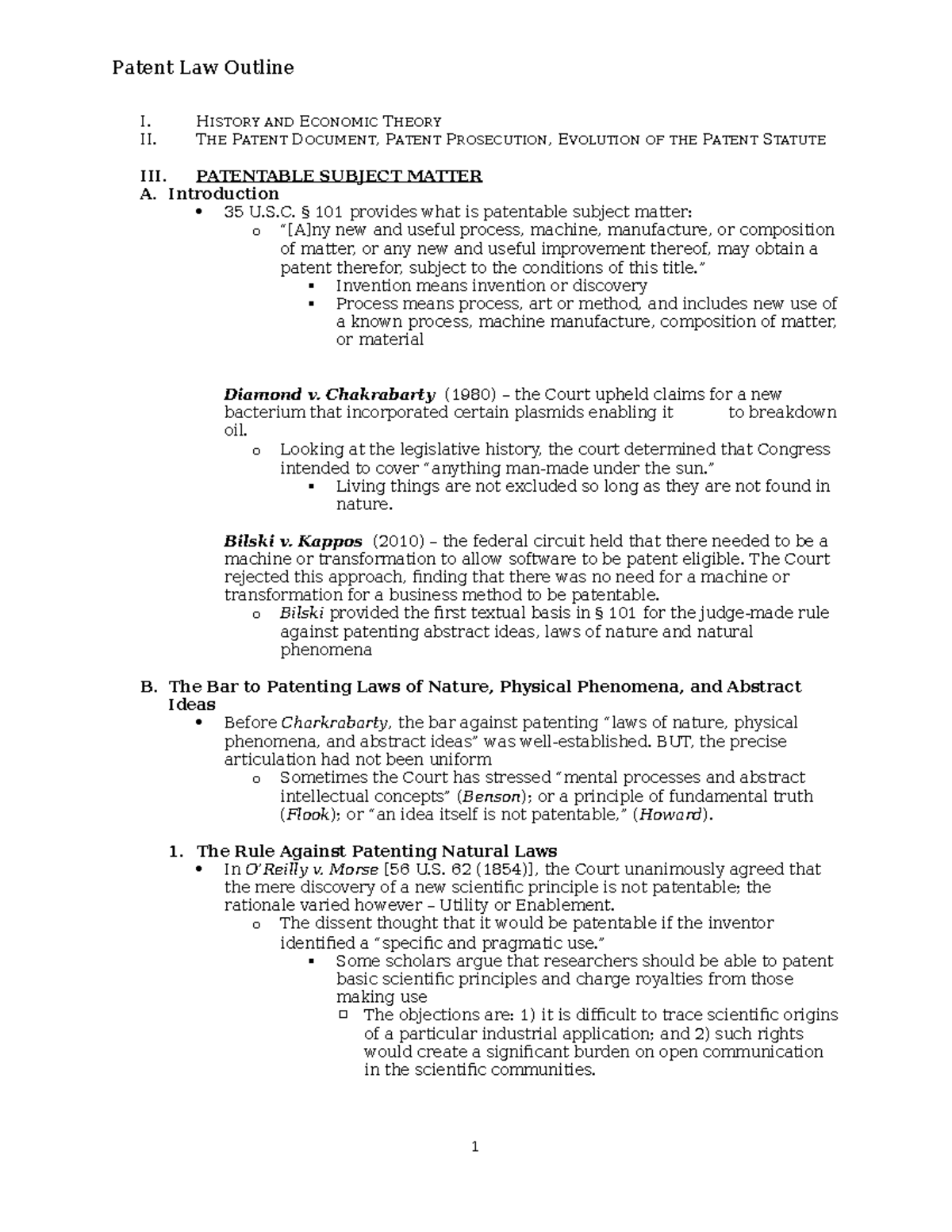 (MATT) Patent LAW Outline - I. HISTORY AND ECONOMIC THEORY II. THE ...