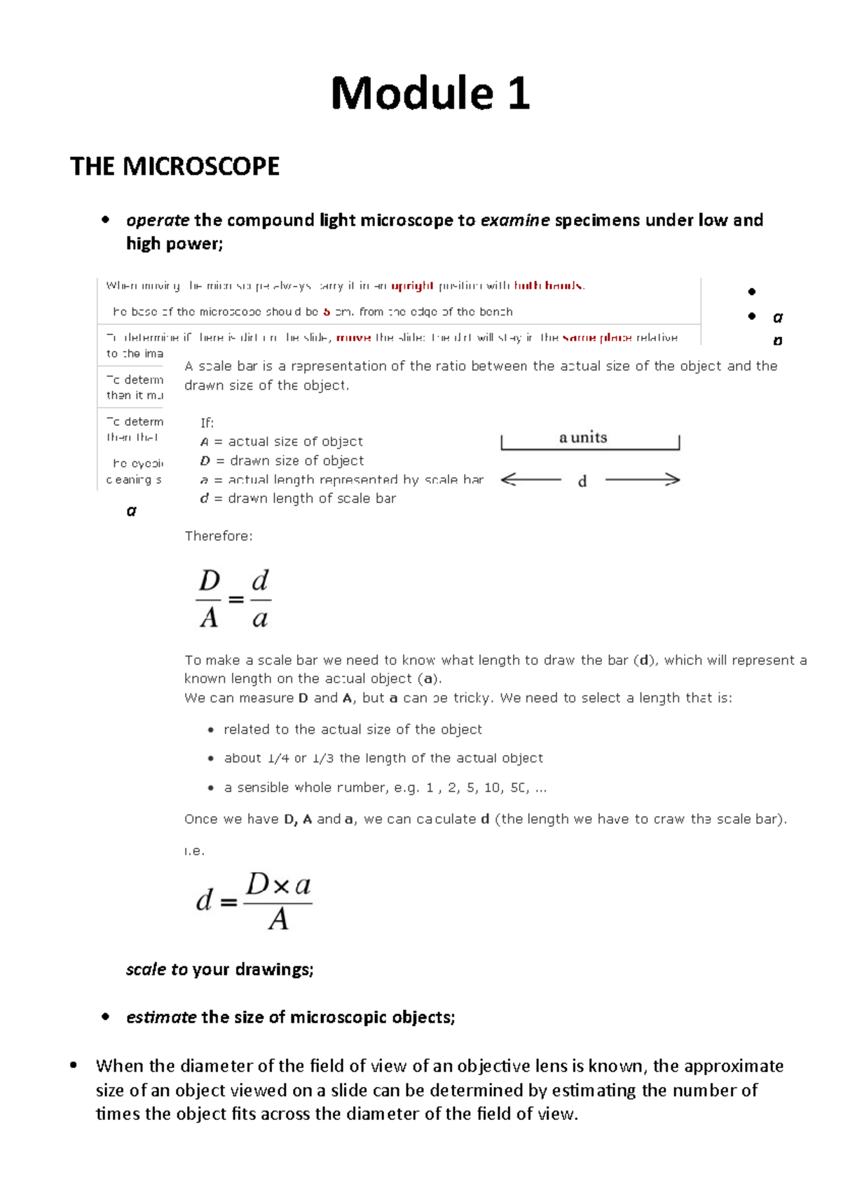 Lecture notes, all lectures - Module 1 THE MICROSCOPE operate the ...