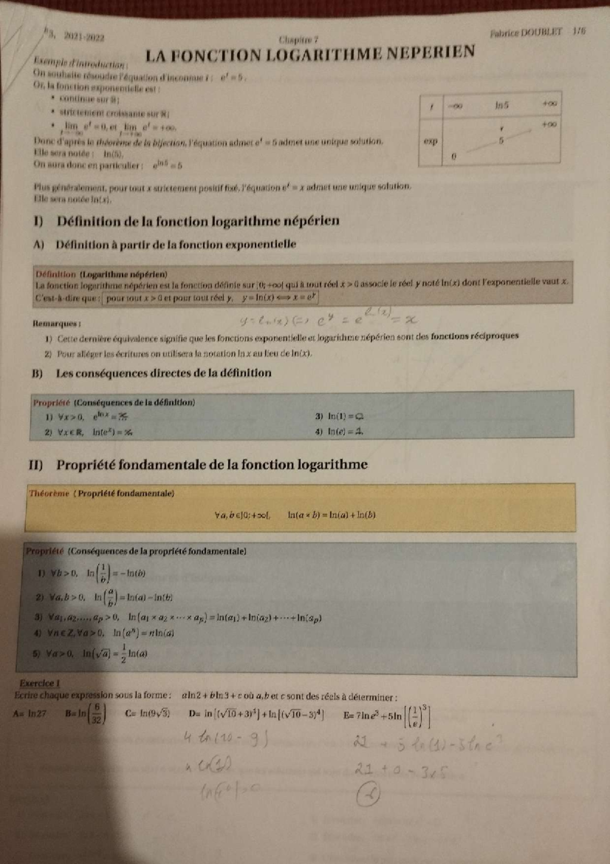 La fonction logarithme népérien - Mathématiques - Studocu
