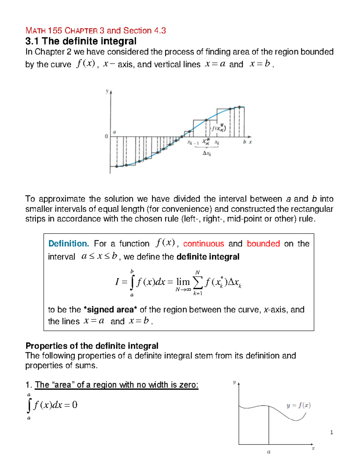 MATH 155 Chapter 3 and Section 4.3 - MATH 155 CHAPTER 3 and Section 4. 3 The definite integral ...