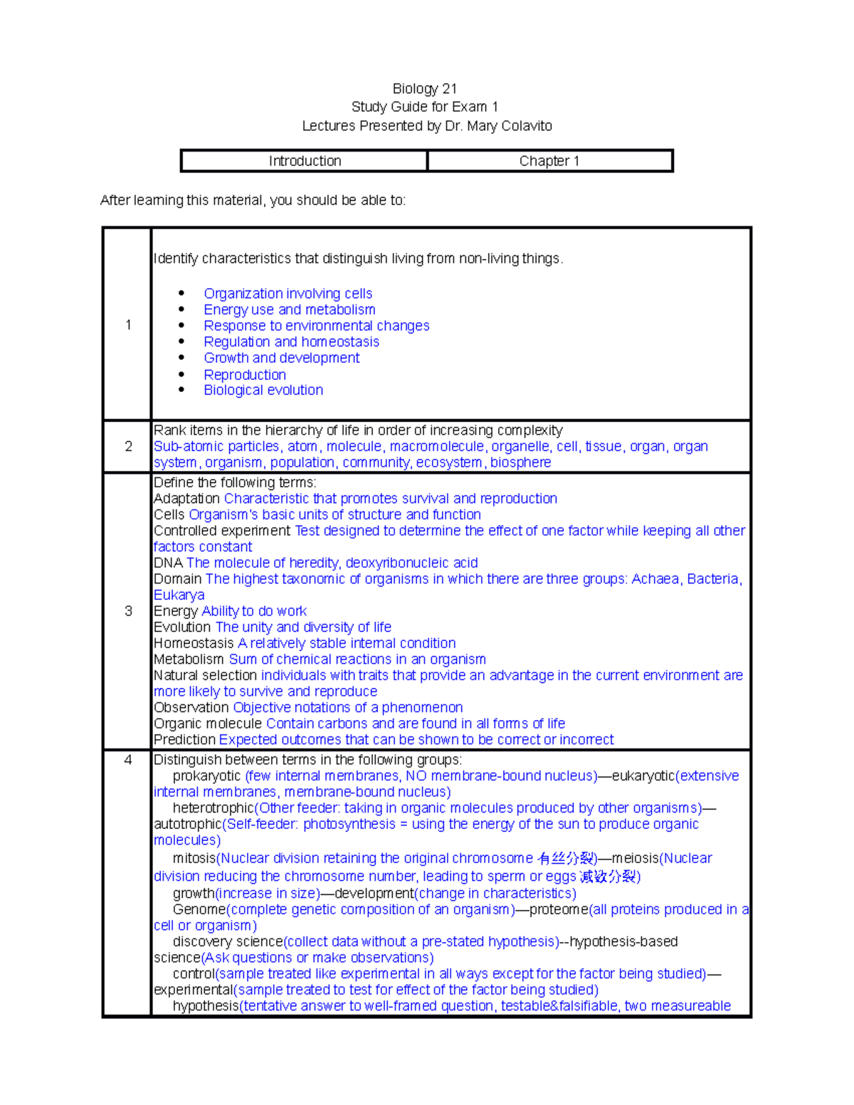 Ex1Study Guide MC-F11 - Biology 21 Study Guide for Exam 1 Lectures ...