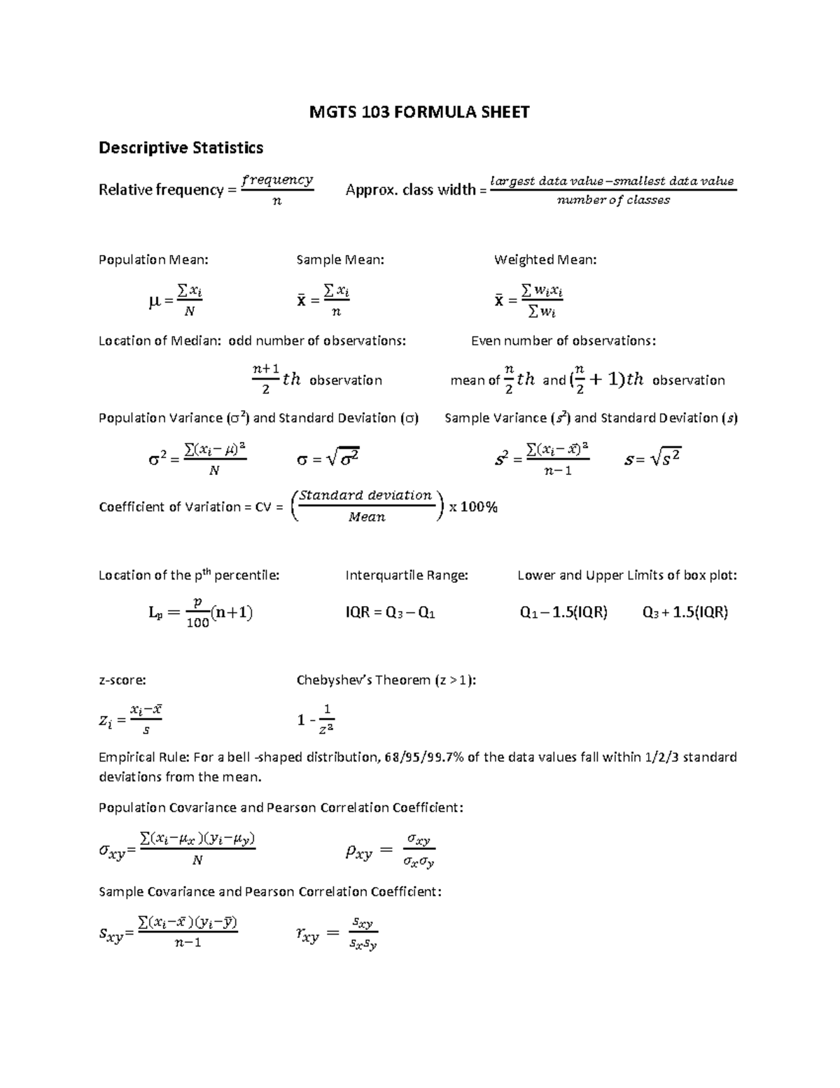 MGTS103 Formula Sheet - MGTS 103 FORMULA SHEET Descriptive Statistics Relative frequency = - Studocu