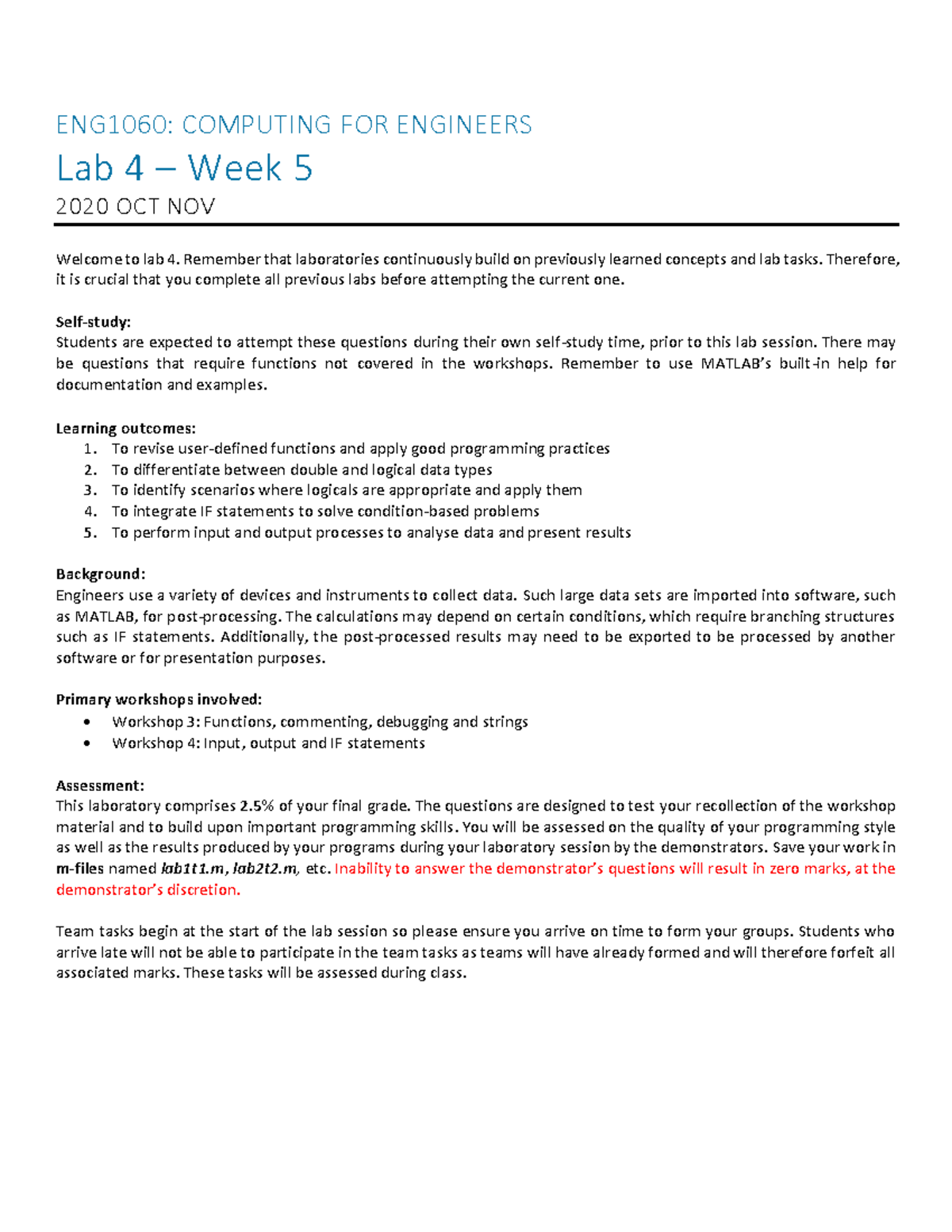 Lab4 questions - ENG1060: COMPUTING FOR ENGINEERS Lab 4 – Week 5 2020 ...