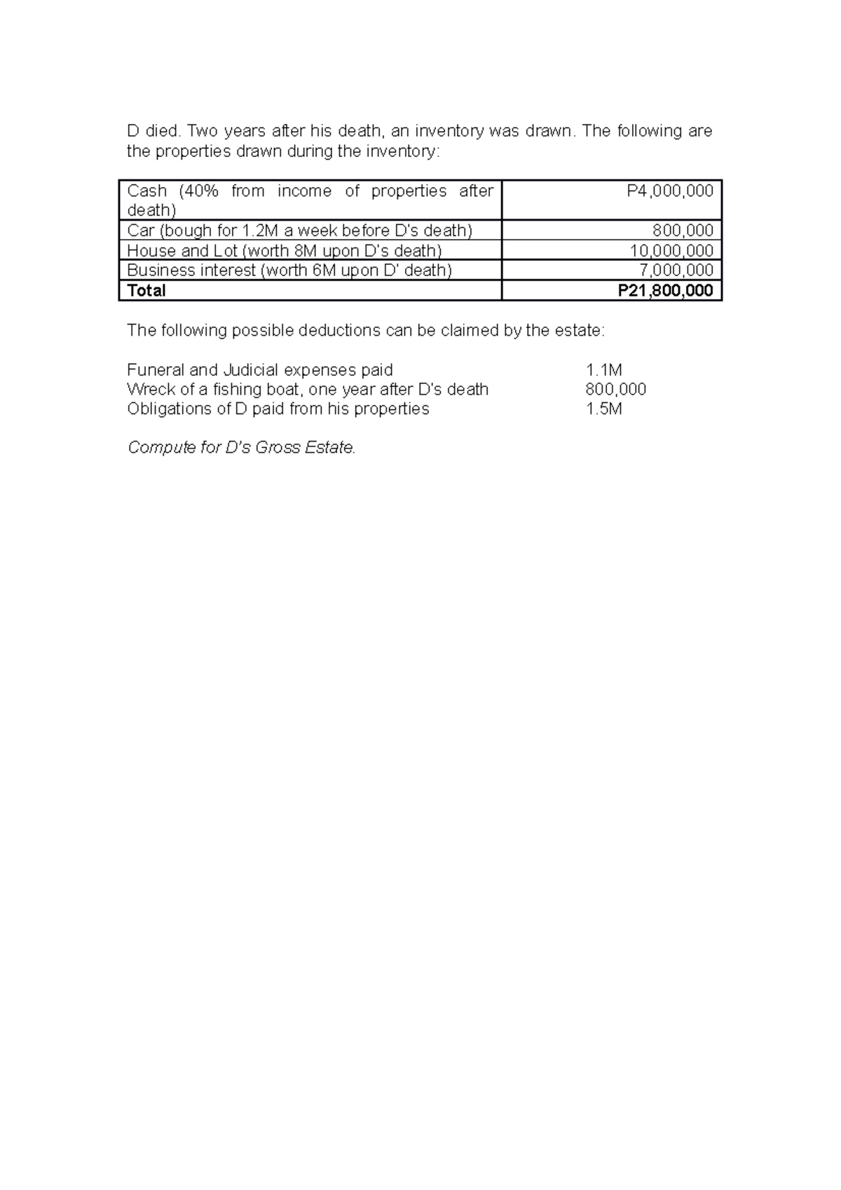 Estate Taxation Assignment - D died. Two years after his death, an ...