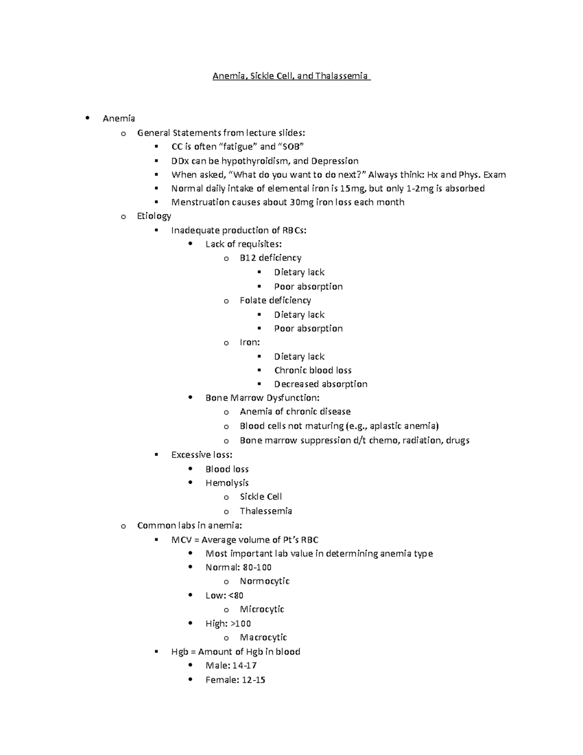 Anemia Outline w. Notes - Anemia, Sickle Cell, and Thalassemia Anemia o ...