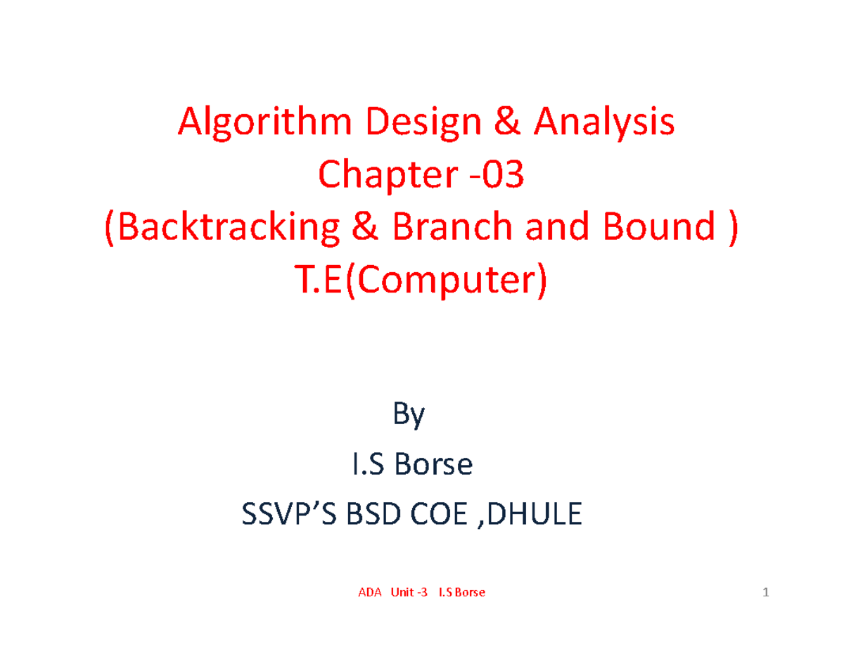 UNIT 3 - ASDA - Algorithm Design & Analysis Chapter - (Backtracking & Branch and Bound ) - Studocu