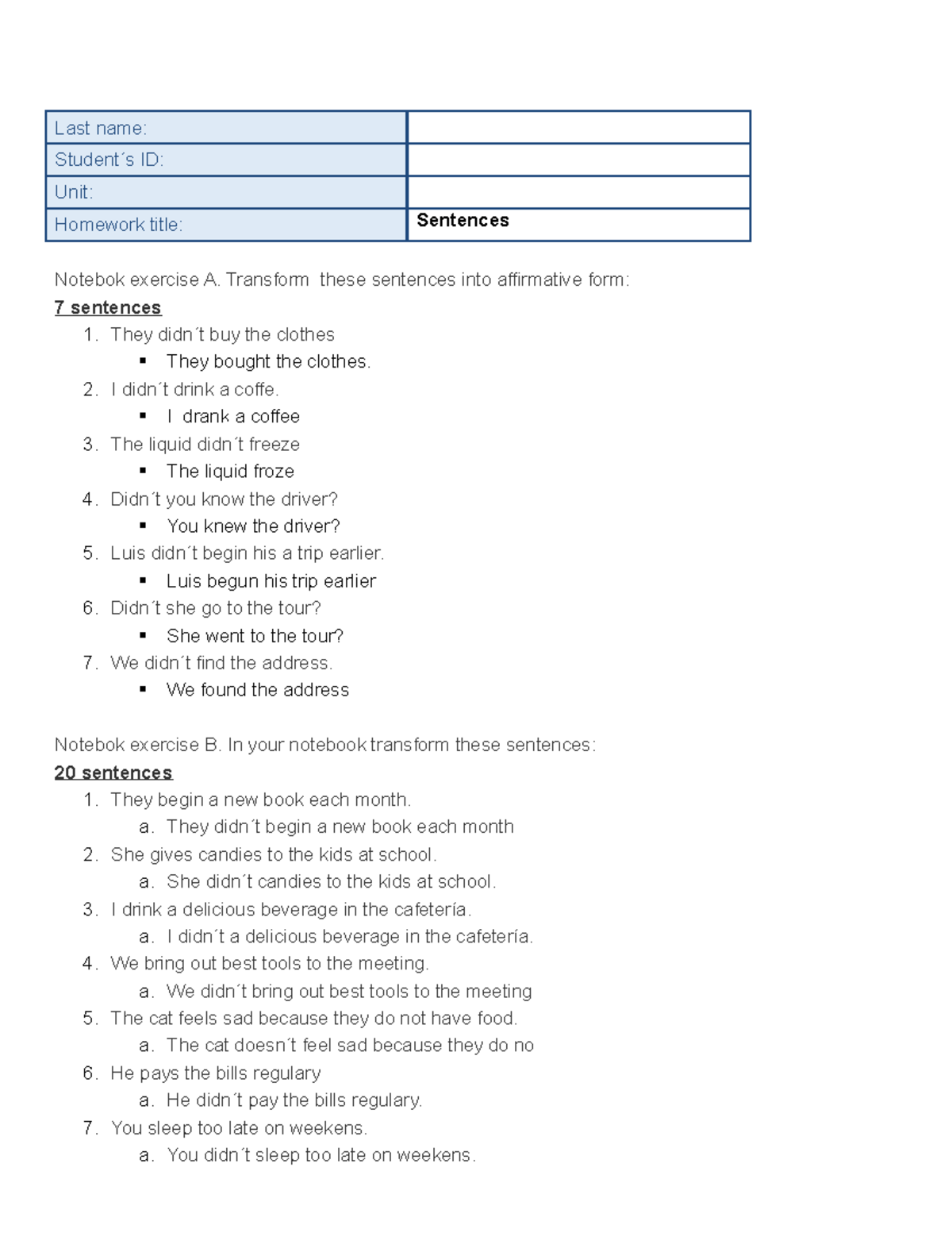 U2 sentences - Practica de la unidad 2 de la materia idioma extranjero ...