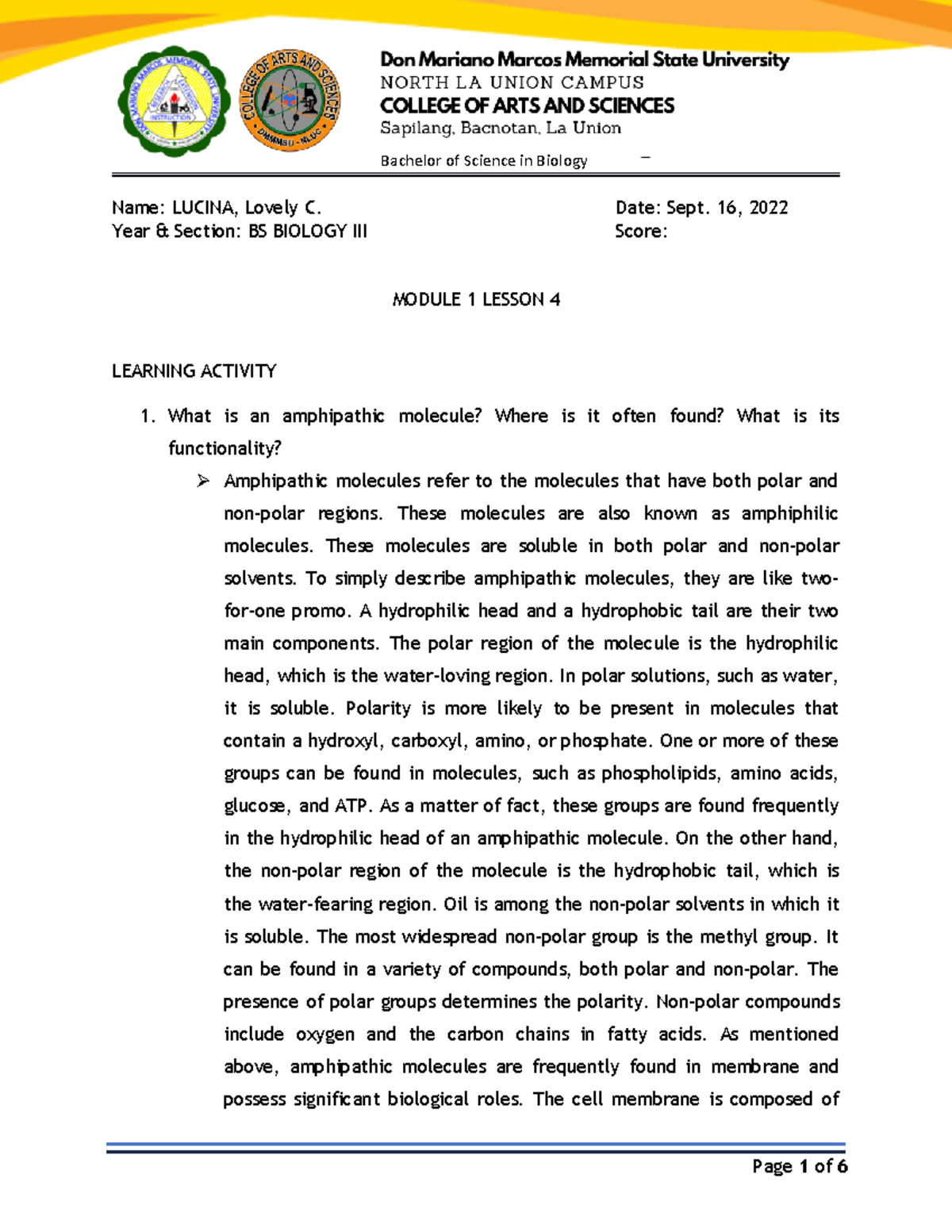 Module 1 Cell Biology - Bachelor of Science in Biology Name: LUCINA ...