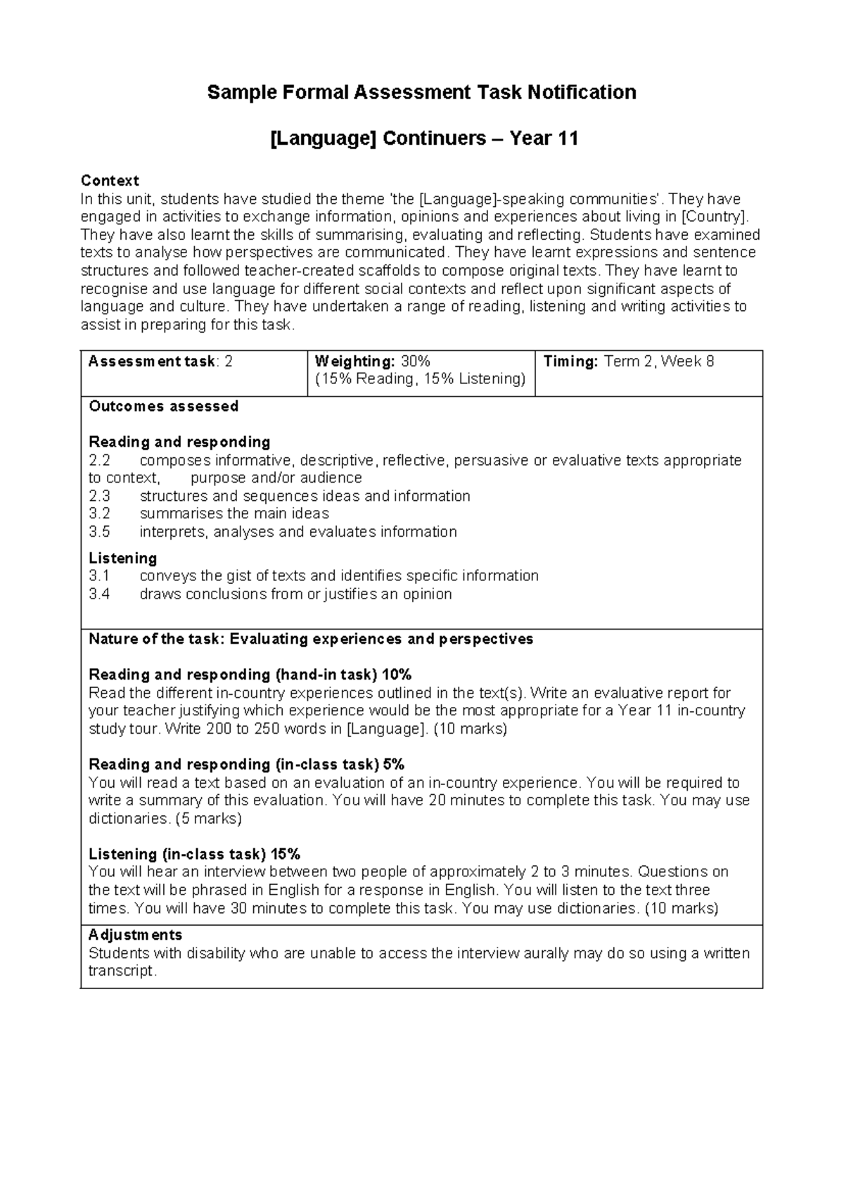 Language continuers s6 year 11 sample formal assessment task listening ...