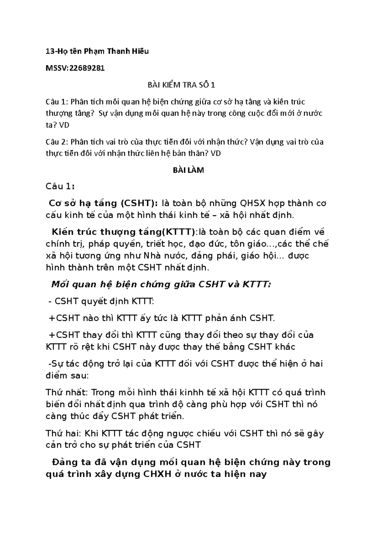 13- Phạm Thanh Hiếu -22689281- Triết 449 - 13-H ọ tên Ph m Thanh Hiêếuạ MSSV: BÀI KI M TRA SỐỐ ...