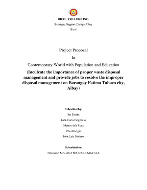 Sustainble Action PLAN 2 - BICOL COLLEGE INC. Barangay Sagpon, Daraga Albay Bicol Project ...