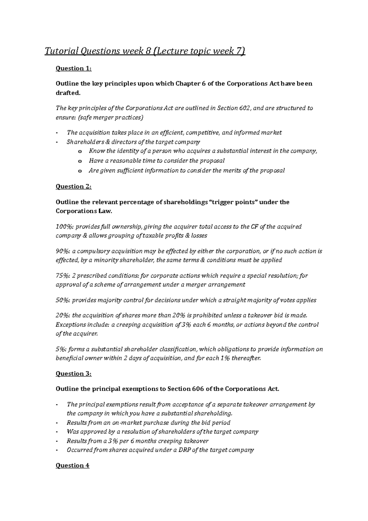 BFF3351 Tutorial 8 questions S2 2021 - Tutorial Questions week 8 (Lecture topic week 7) Question ...