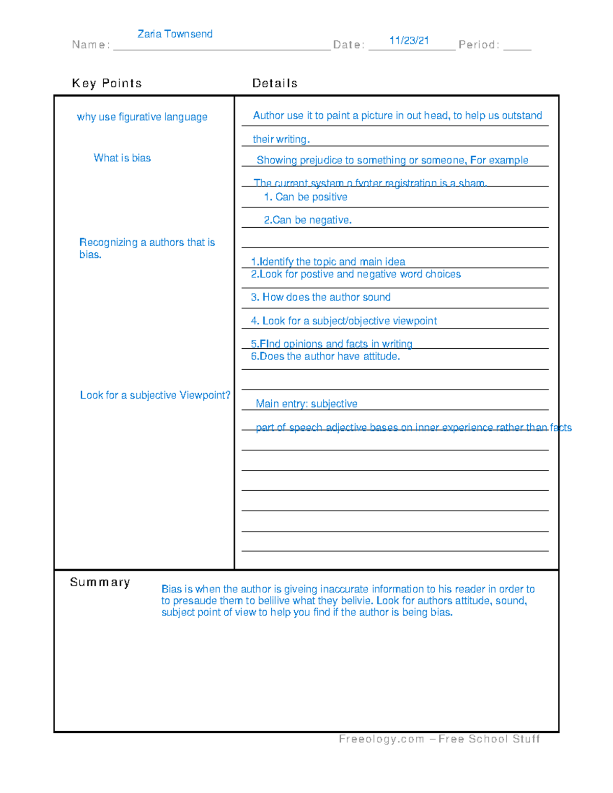 Cornell Notes Template - Zaria Townsend Name: Date: Period: Key Points ...