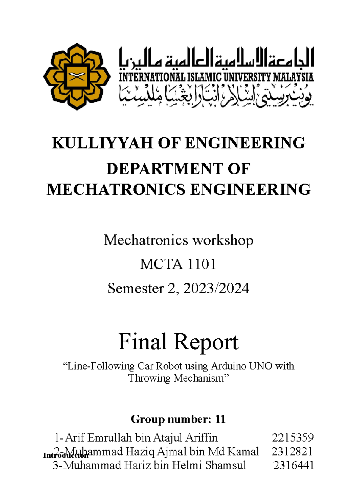 MCT report - KULLIYYAH OF ENGINEERING DEPARTMENT OF MECHATRONICS ...
