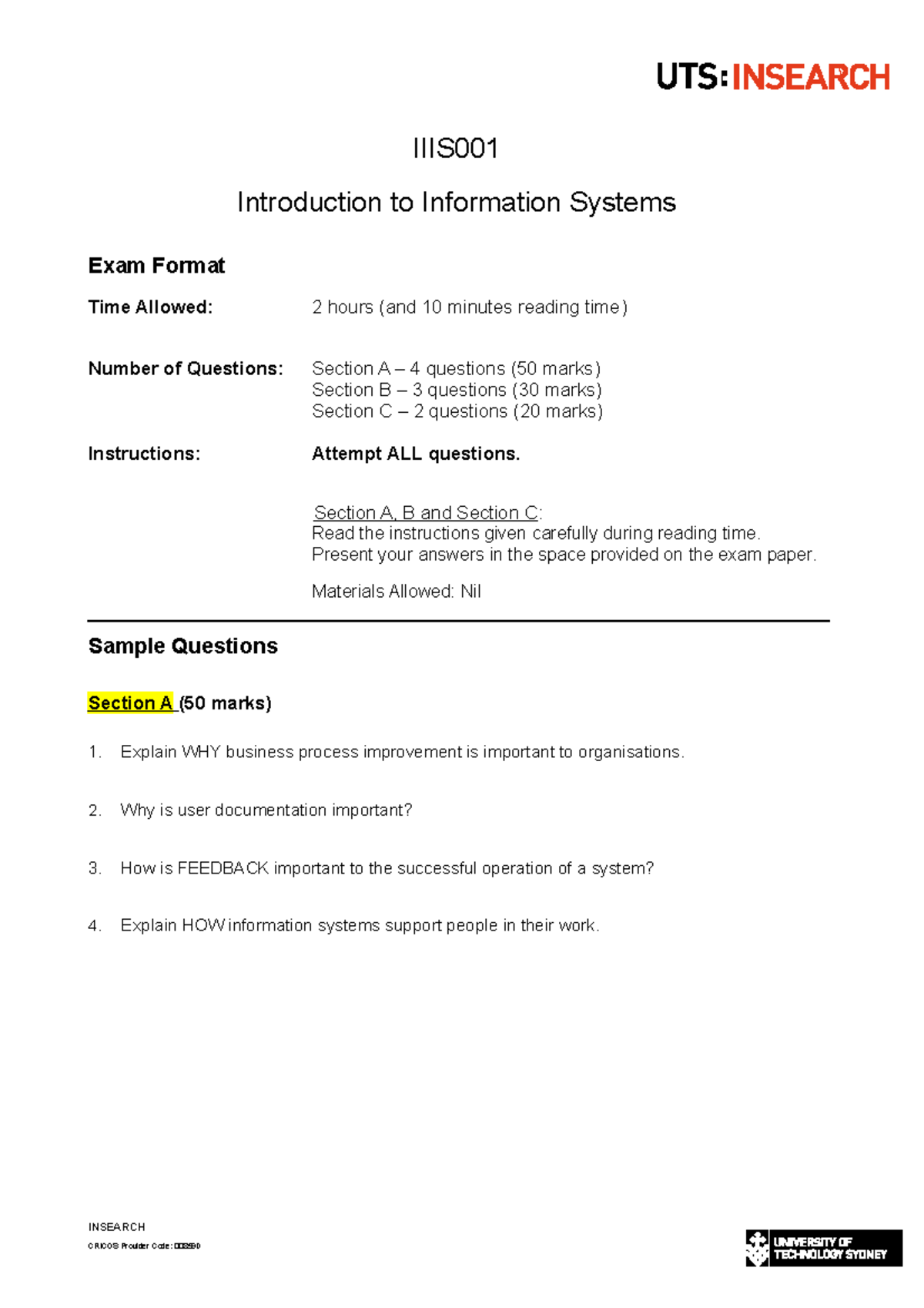 Sample Exam Questions - Have fun - IIIS001 Introduction to Information Systems Exam Format Time ...