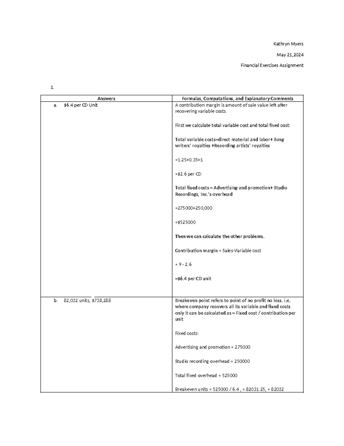 Financial Exercises Assignment - Answers Formulas, Computations, and ...