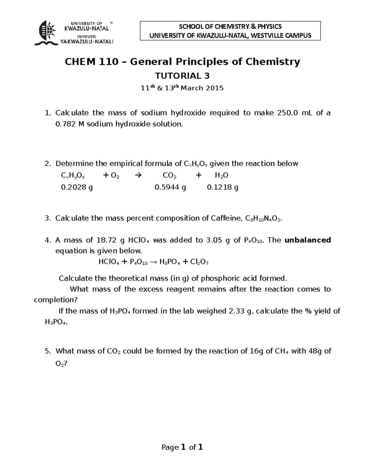 Tutorial 3 - chem tut 3 - SCHOOL OF CHEMISTRY & PHYSICS UNIVERSITY OF KWAZULU-NATAL, WESTVILLE ...