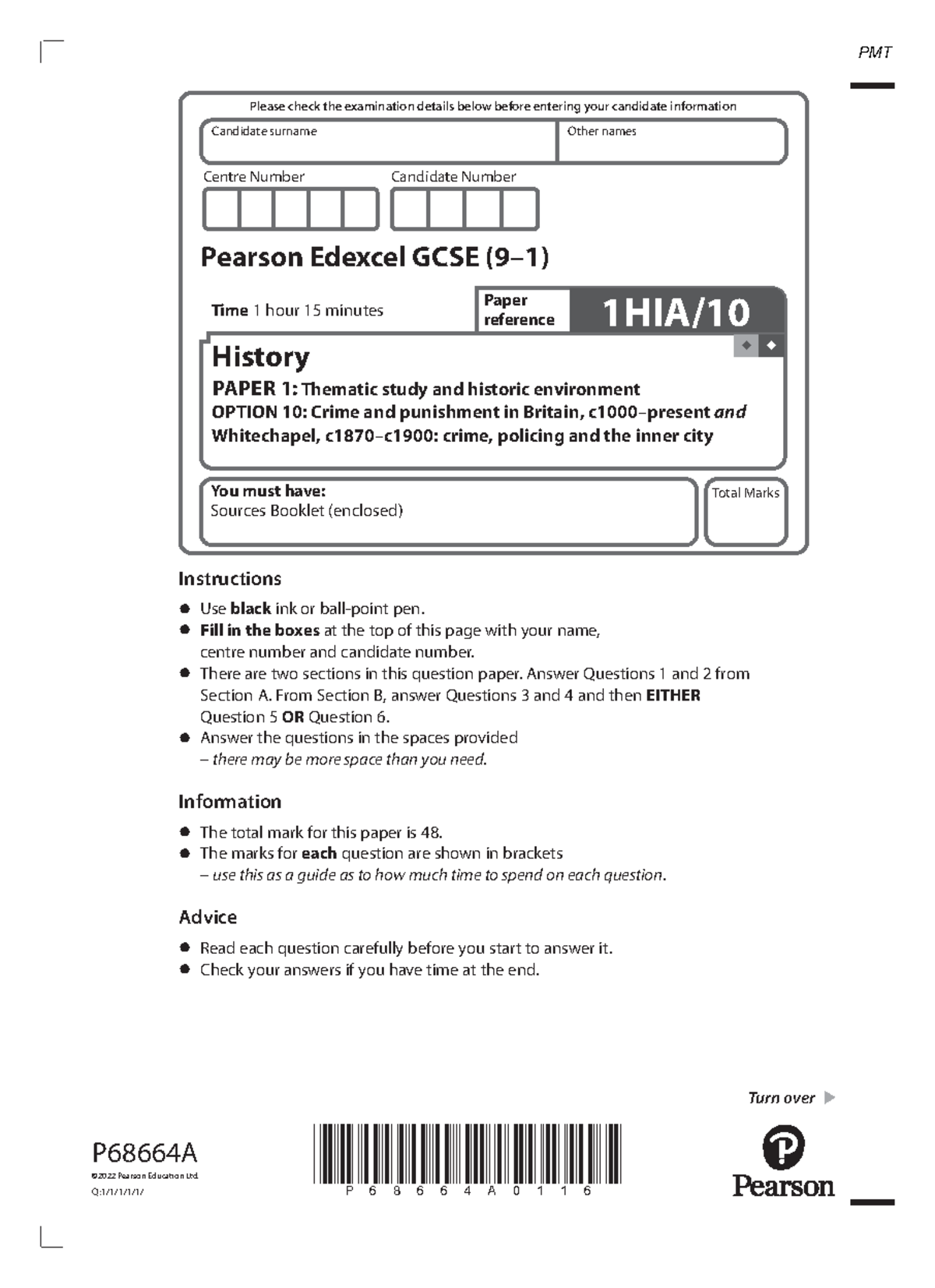 June 2022 QP - Paper 1 Option 10 Edexcel History GCSE - Centre Number ...
