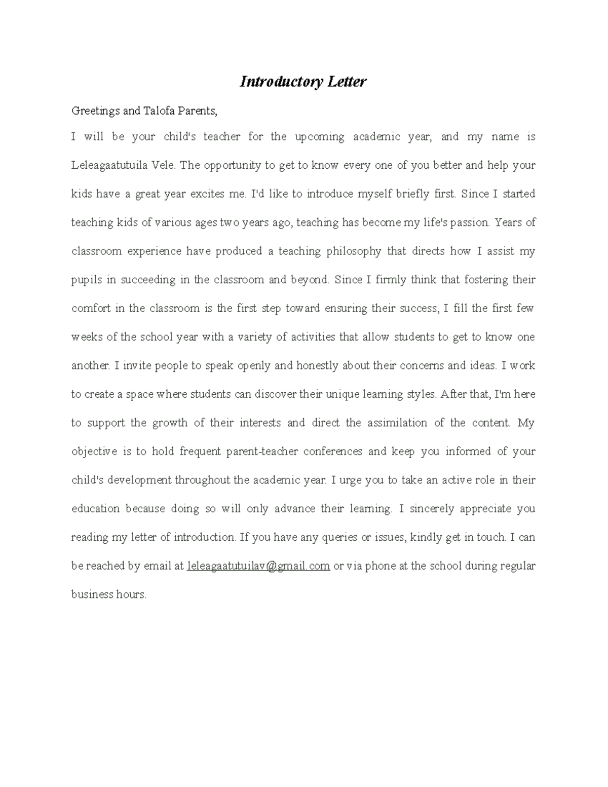 Classroom Assignments EDSP 432 - Introductory Letter Greetings and ...